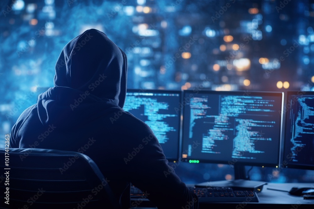 Digital cybercrime concept A hacker in front of a computer A visual ...