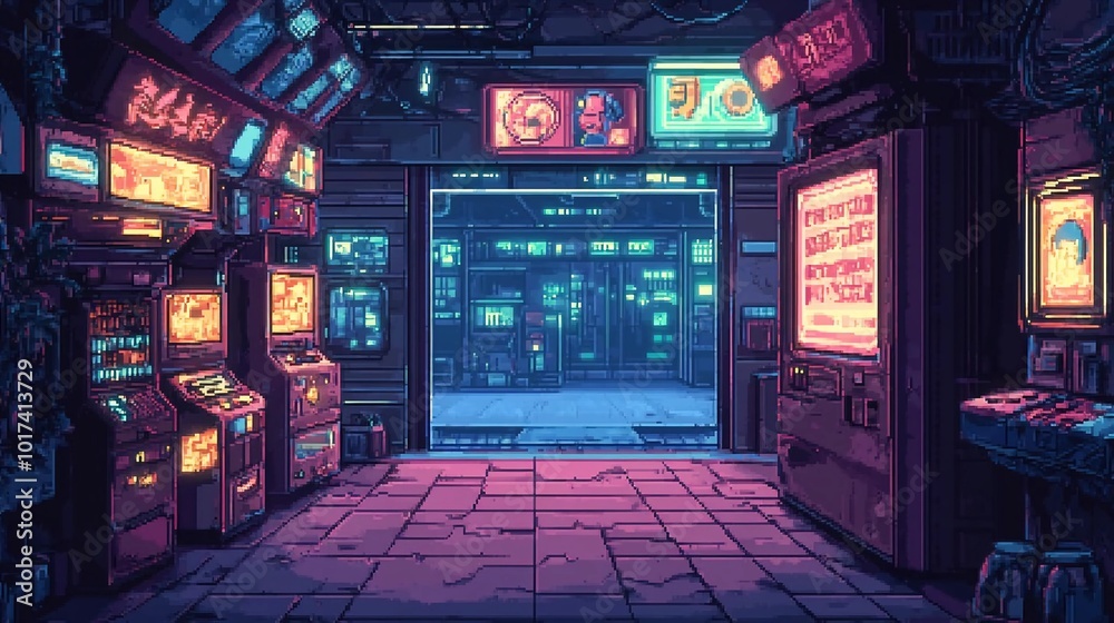 A 2D pixel art illustration of a sci-fi interior room, with retro ...