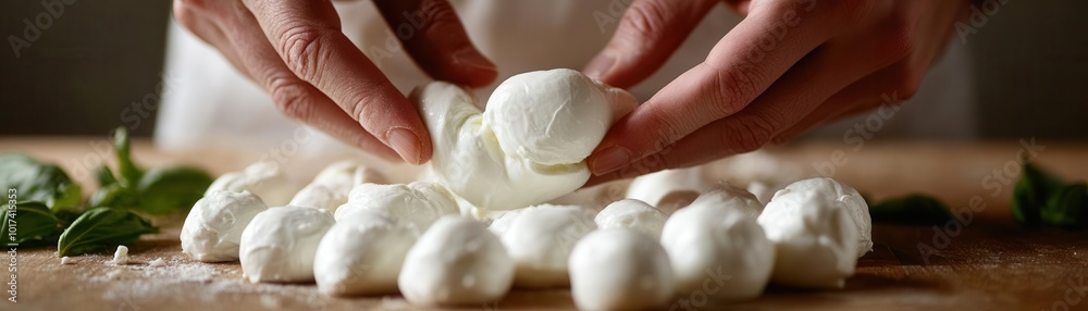 Hands stretching fresh mozzarella curds over a wooden table, mozzarella ...