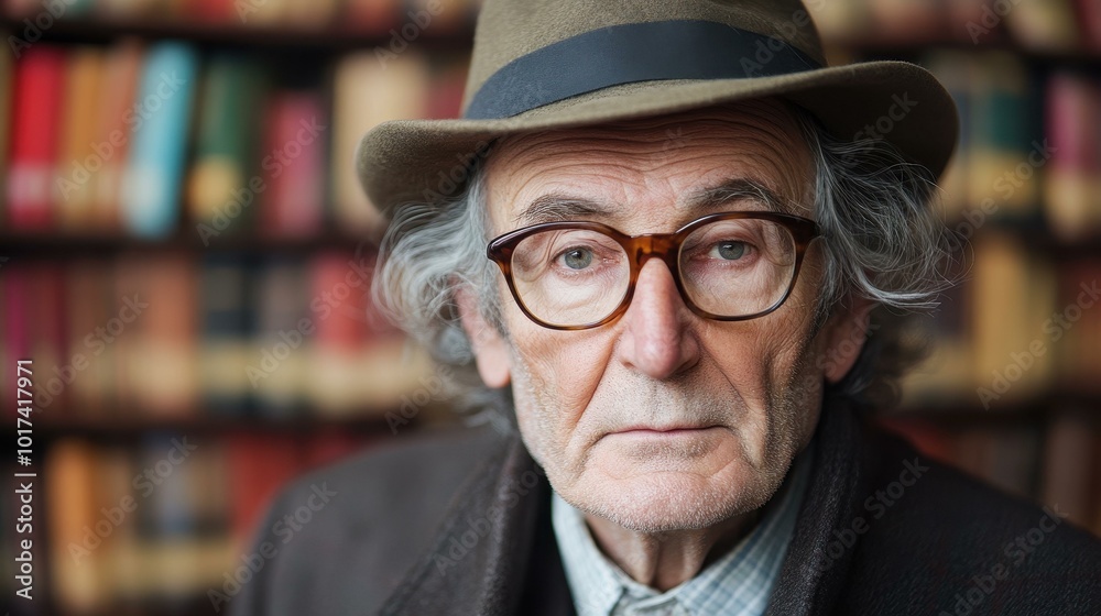 An elderly librarian stands proudly in front of a grand library ...