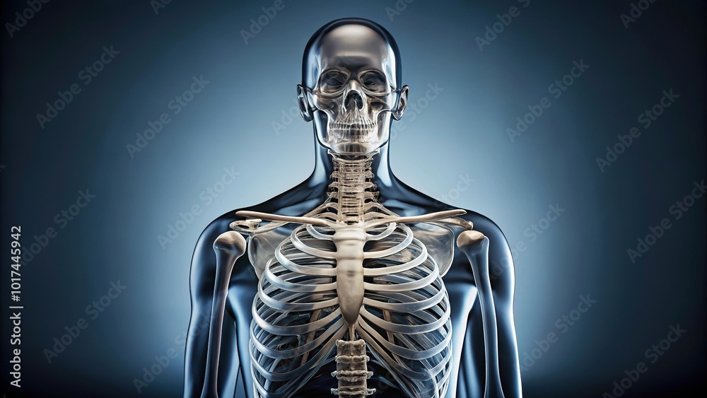 An artistic illustration of a spine and cranium on a glass skeletal ...