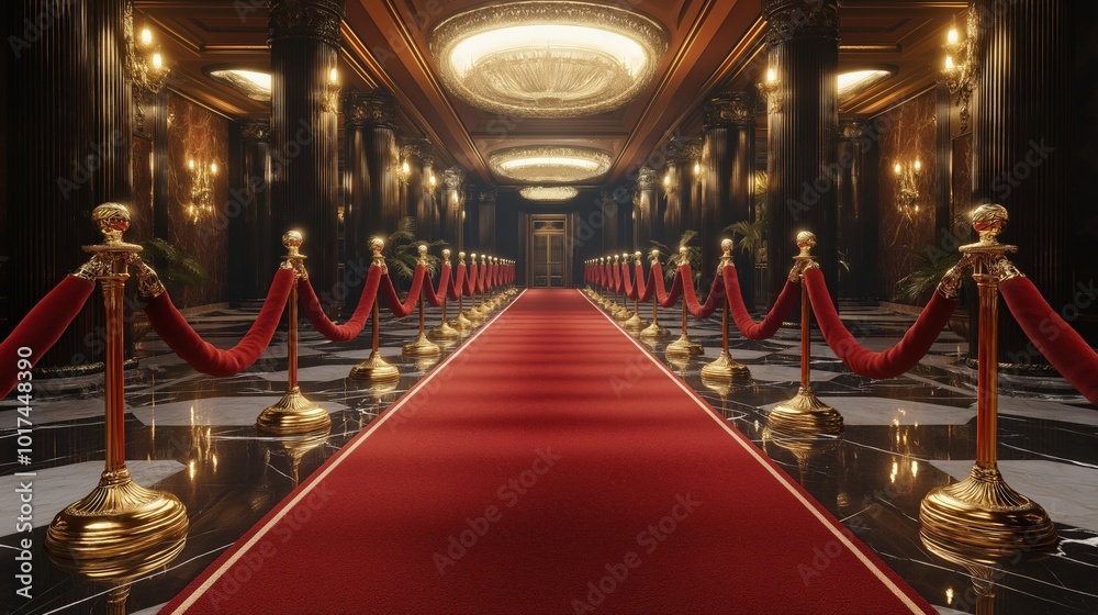 Grand red carpet hallway, flanked by shiny gold barriers and deep red ...