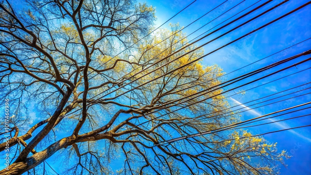 Abstract image of electric wires growing into tree limbs against blue ...