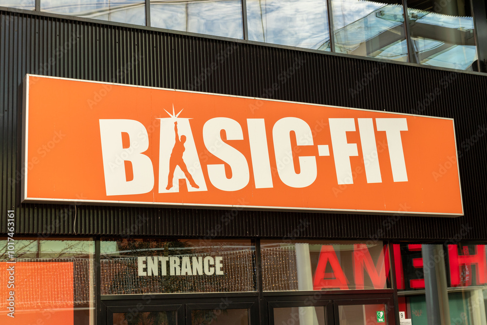 Basic-Fit logo at the gym. Basic-Fit is the largest fitness chain in ...