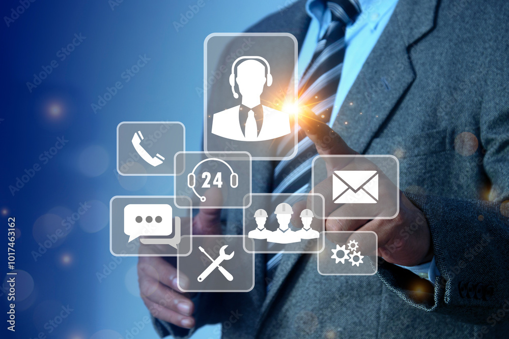 Business man hand touching VR screen support customer icon. Customer ...