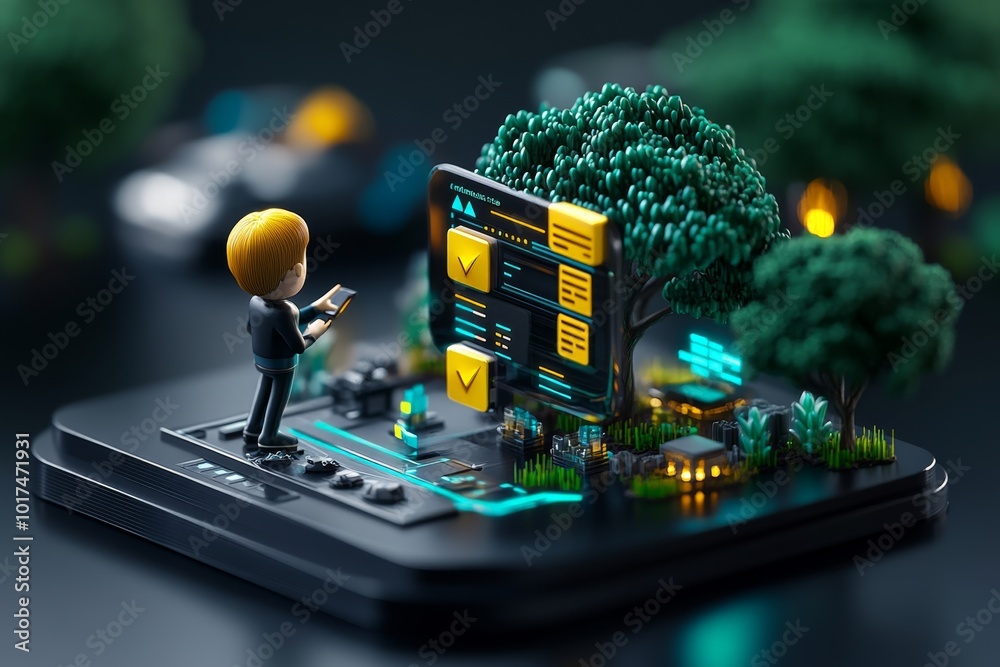 3D model of a person interacting with a futuristic, holographic task ...