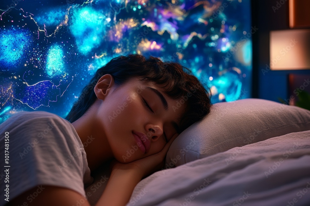 Realistic depiction of a person sleeping during a nap, with brief dream ...