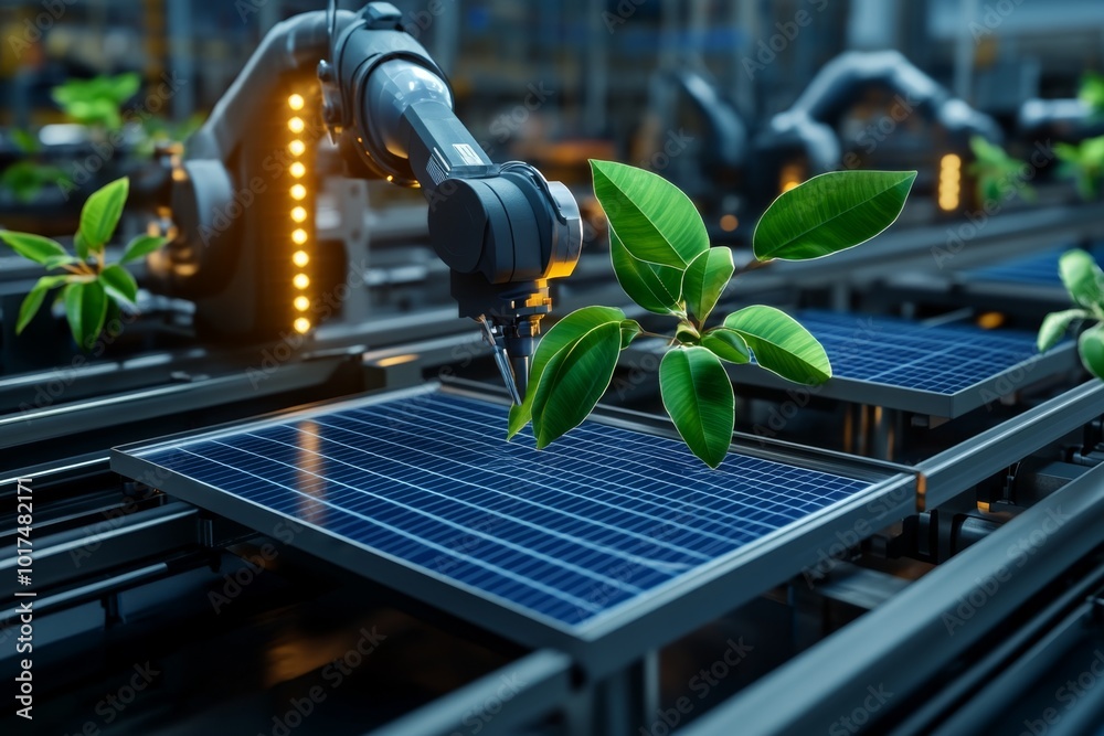 Realistic image of a futuristic factory where renewable energy powers ...