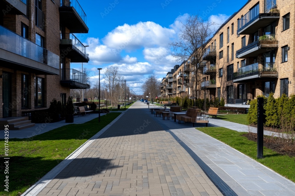 Realistic image of a newly developed urban district with wide sidewalks ...