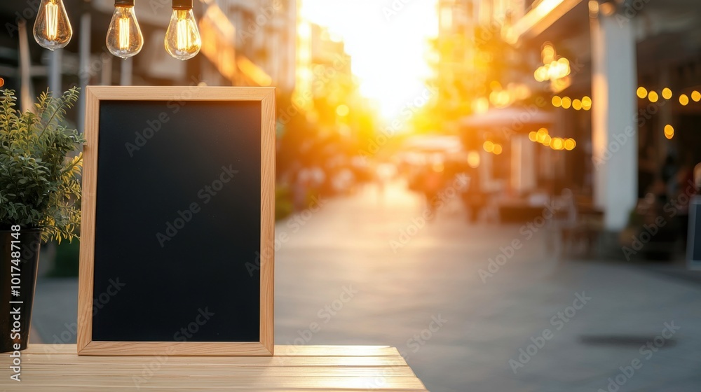 High-resolution outdoor street view featuring a blank wooden chalkboard ...