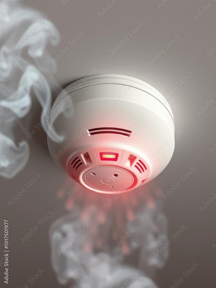 Smoke detector detecting smoke with red alarm light flashing ...