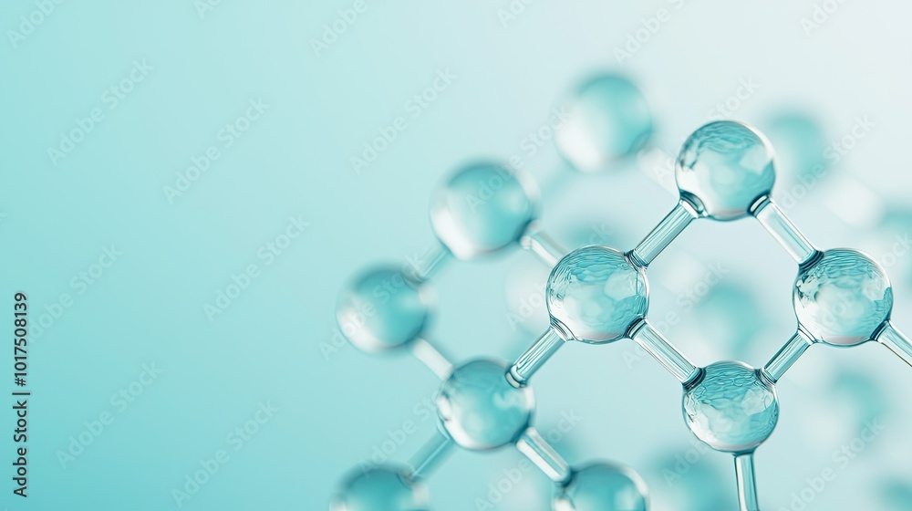 A close-up view of a molecular structure with droplet-like spheres ...
