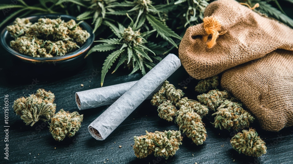 Freshly rolled joint; marijuana background with rolling papers nugs and ...