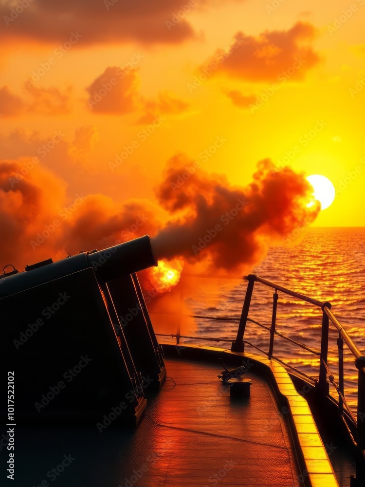 Naval cannons firing during a golden sunset at sea capturing the ...