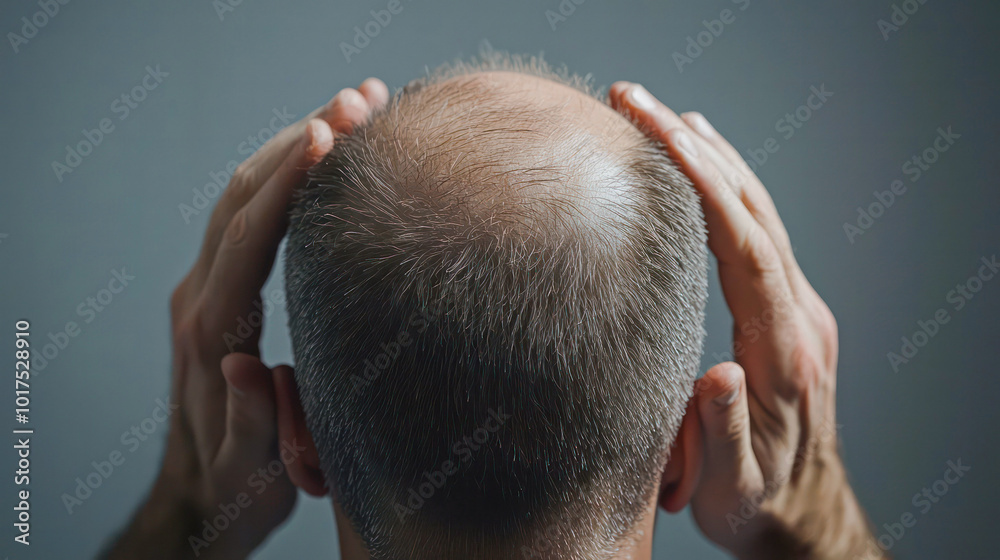 Close up of Asian man touching his forehead for hiding his baldness ...
