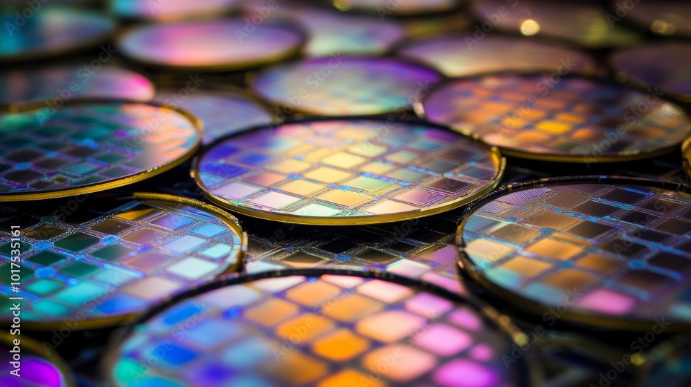 Silicon wafers with microchips used in electronics for the fabrication ...