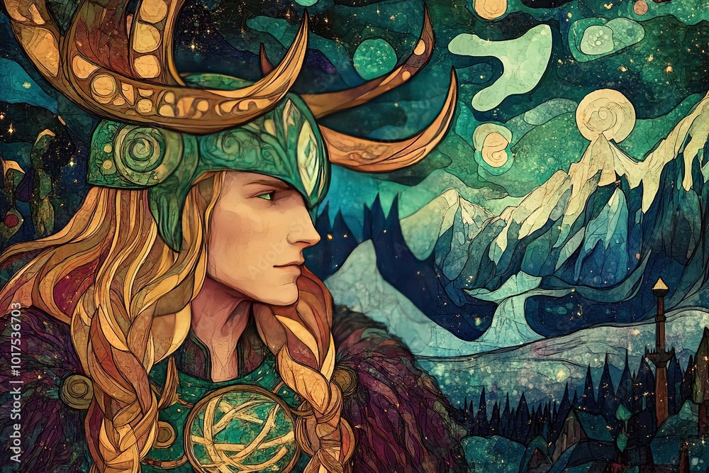 Intriguing Norse Mythology Illustration of Loki with Vibrant Colors and ...
