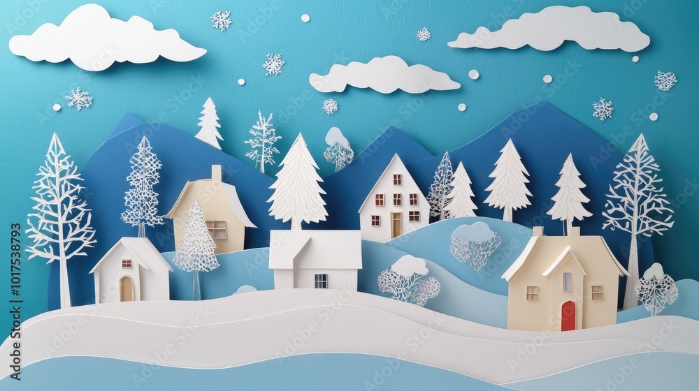 Papercut winter village with delicate houses, snow, and trees, combined ...