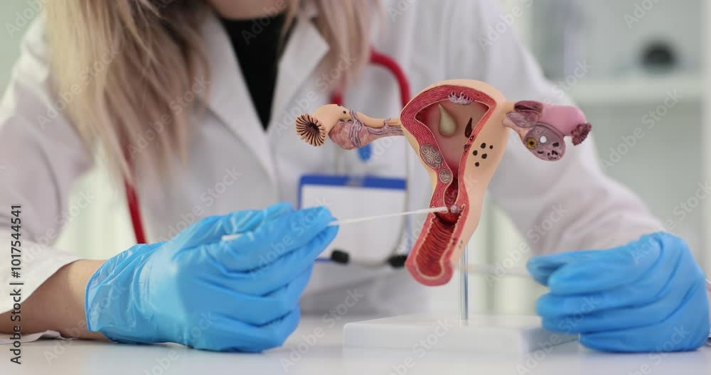 Demonstration of model of anatomy of the female reproductive system and ...