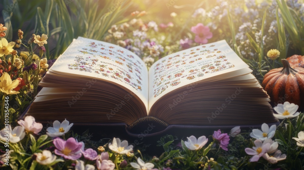 Open book with wiccan festivals chart among spring flowers wicca ...