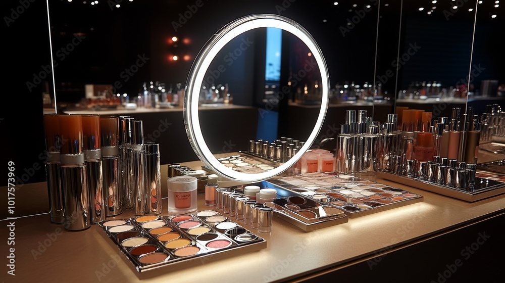 A beautifully designed circular mirror on a high-end makeup counter ...