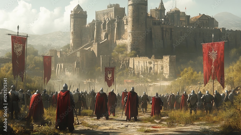 A gathering of knights standing in a circle, their banners proudly ...