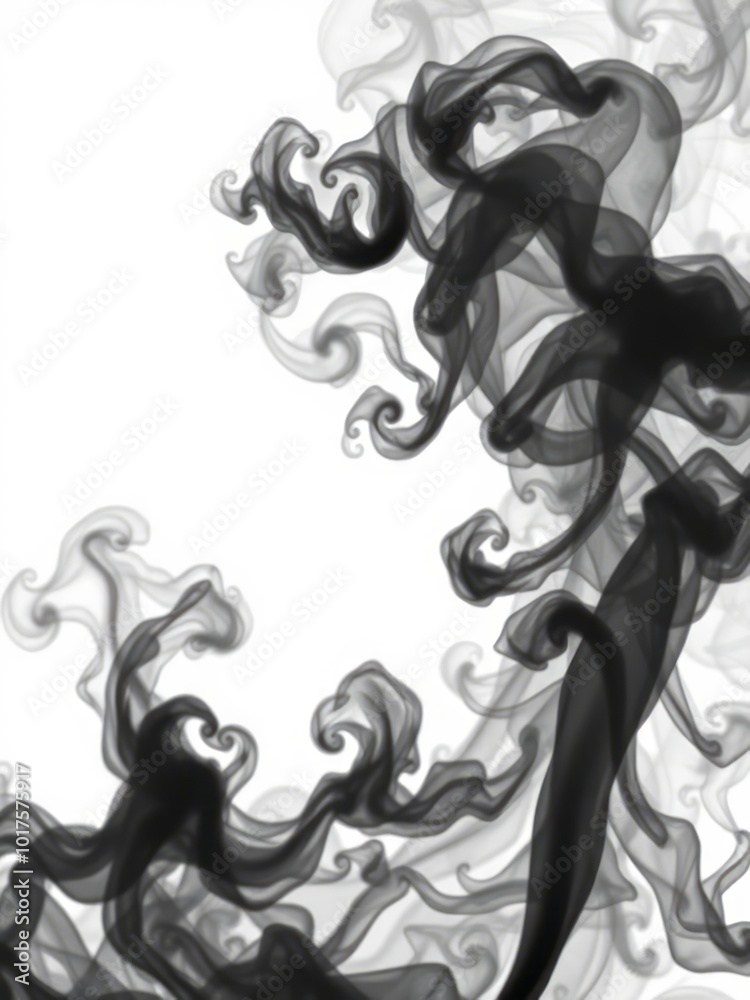 Abstract black puffs of smoke swirl overlay on transparent background ...