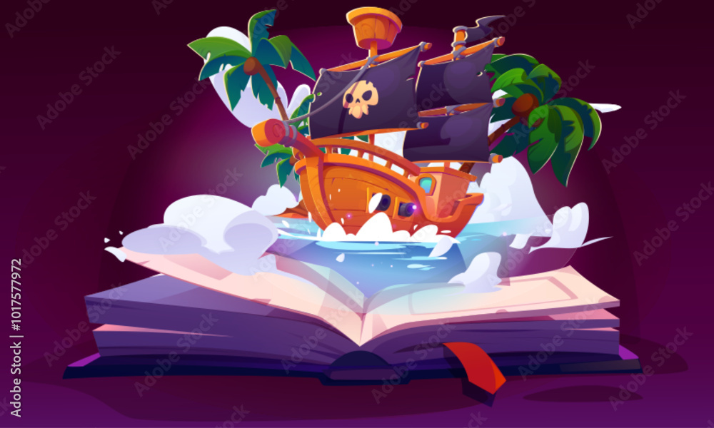 Open magic paper book with illustration of tale about pirate ship with ...