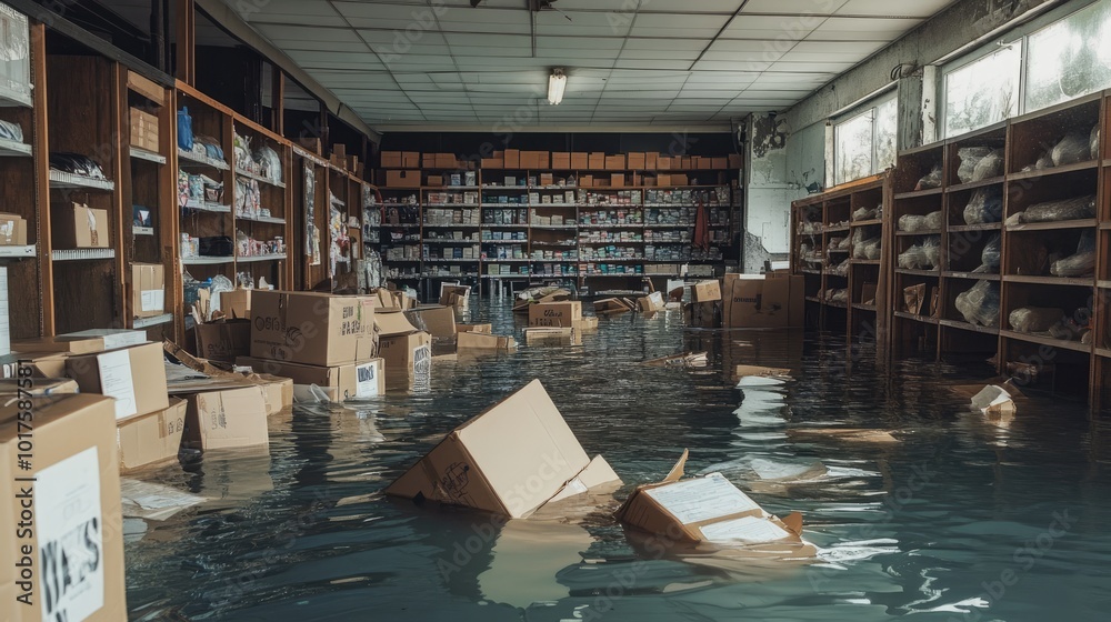A warehouse filled with floating cardboard boxes as floodwaters rise ...