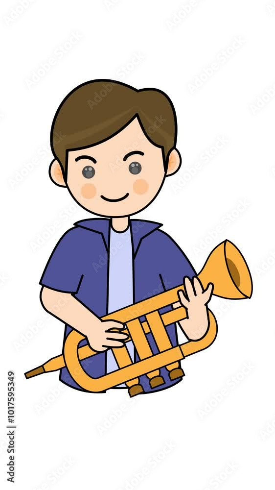 Boy plays trumpet cartoon animation. Alpha channel. Suitable for ...