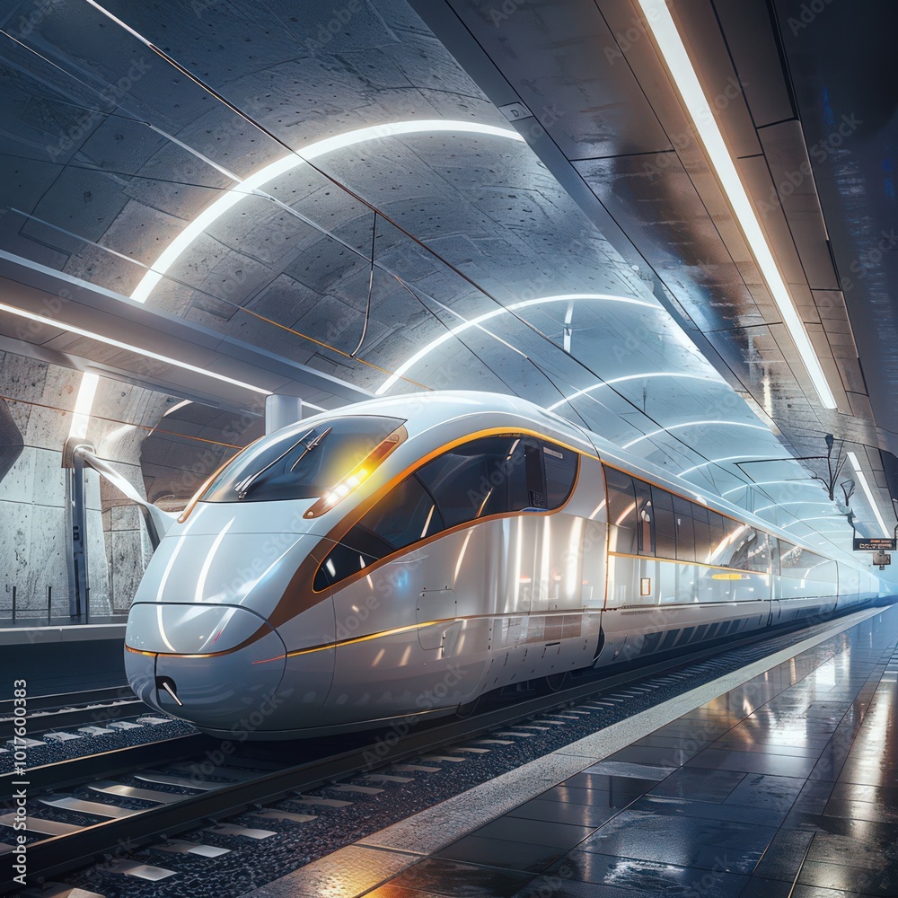Depict a passenger train at a modern, high-tech station, with sleek architecture and advanced ...