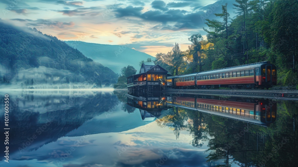 Depict a passenger train at a serene lakeside station, with reflections ...
