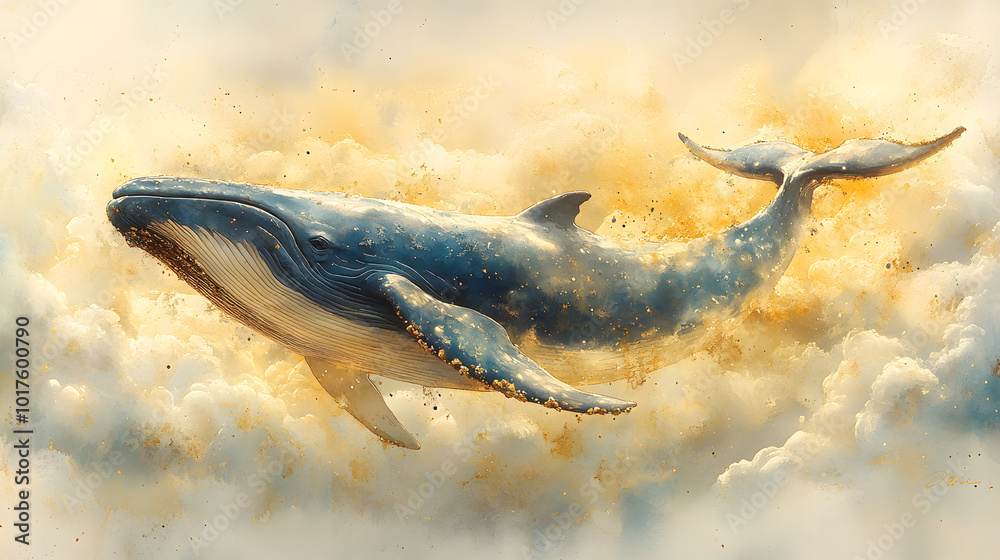 A whale is soaring through the sky, surrounded by clouds. This surreal ...
