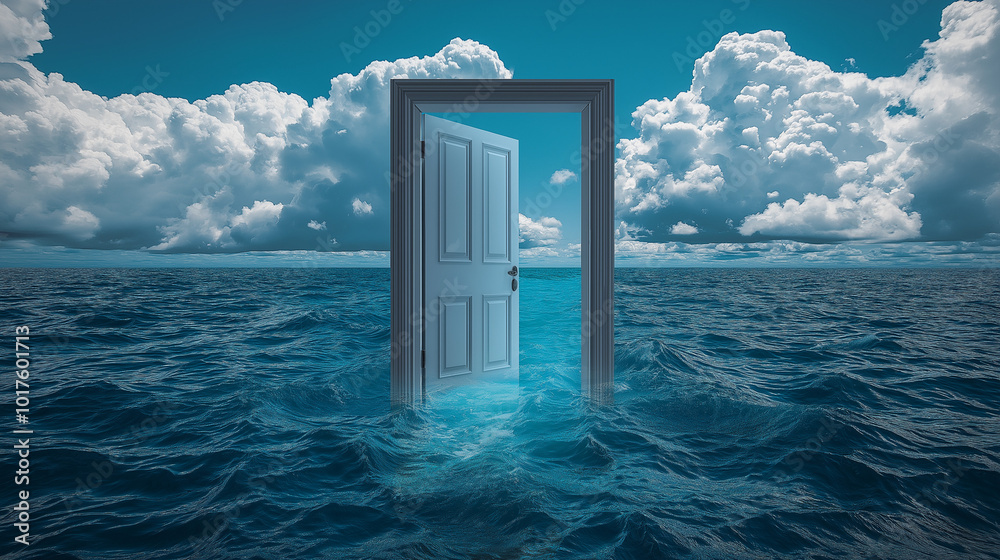 A opened door on the water, beautiful sunset background. A mysterious ...