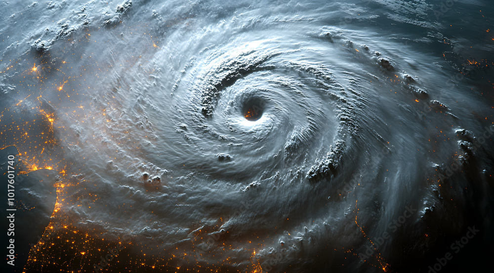 A satellite view of the eye and winds of a super giant storm. This ...