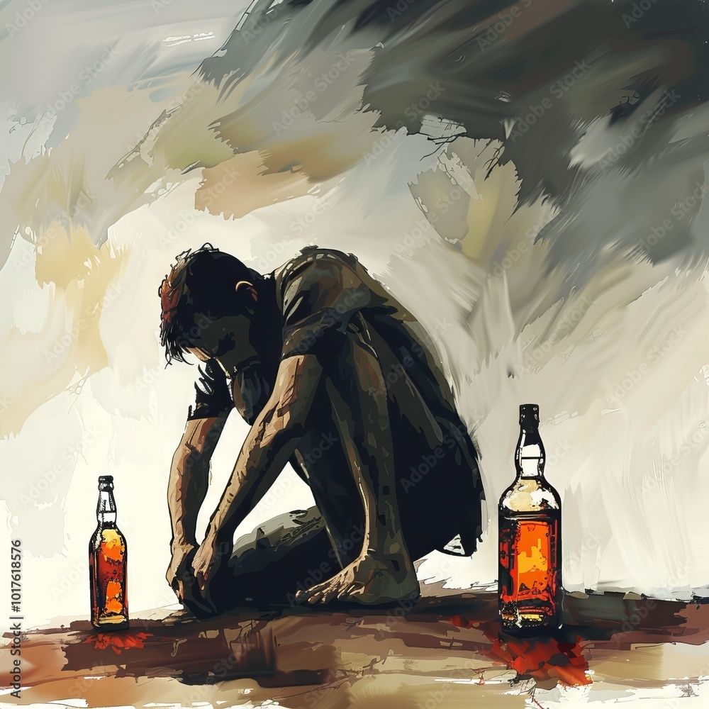 man consumed by his thoughts, with glasses of whiskey in front of him ...