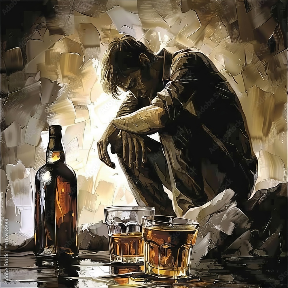 somber man sits with his head down next to a bottle of alcohol and ...