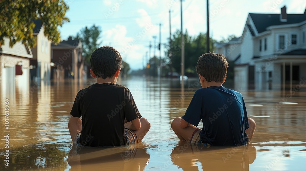 Two boys observe the aftermath of a flood, watching the water-filled ...