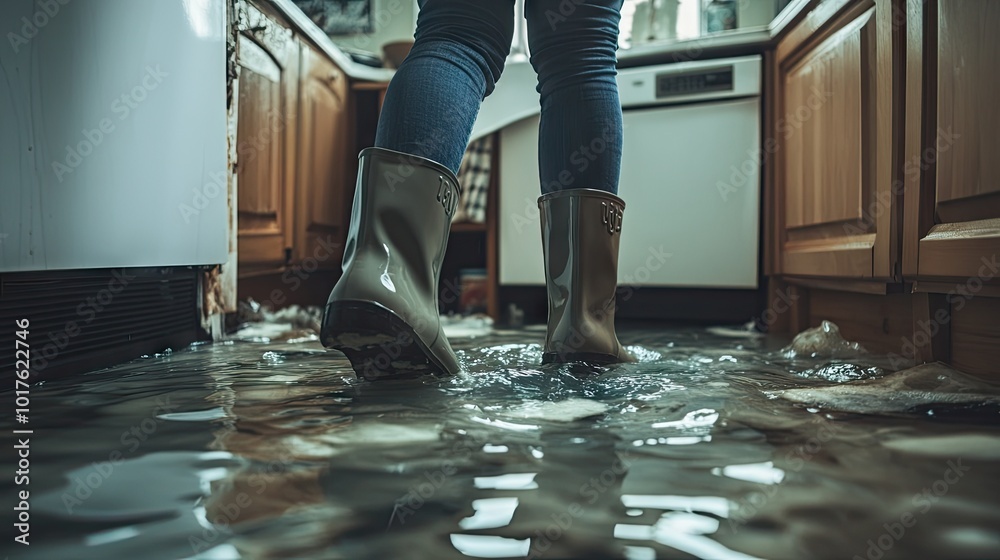 Water floods a kitchen floor while a person in rain boots navigates the ...