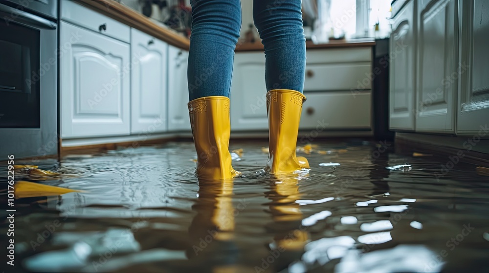 Water floods a kitchen floor while a person in rain boots navigates the ...