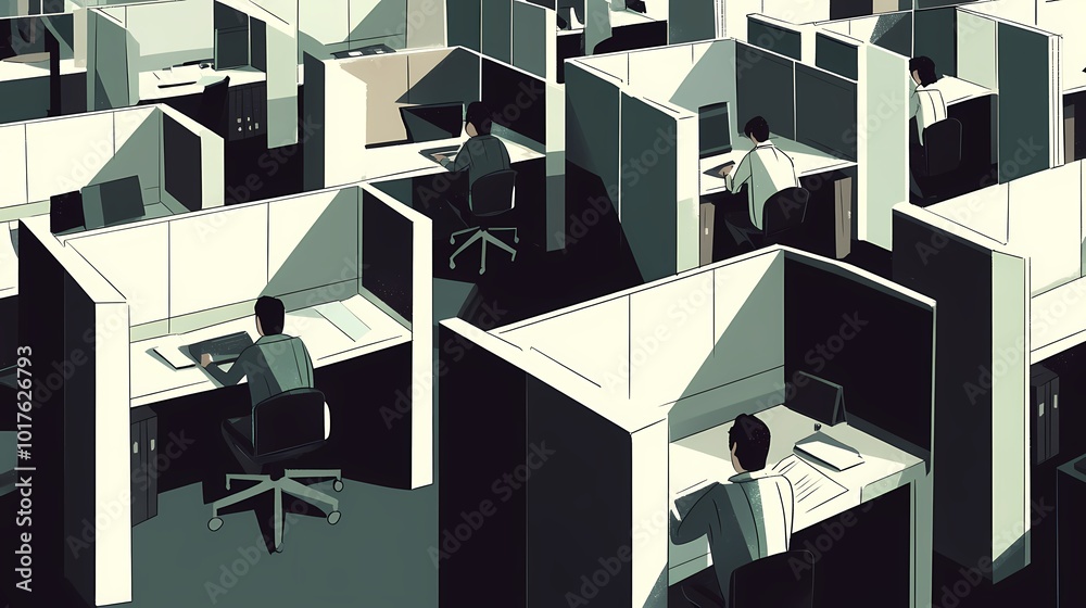 Aerial view of employees working in a modern office cubicle setting ...