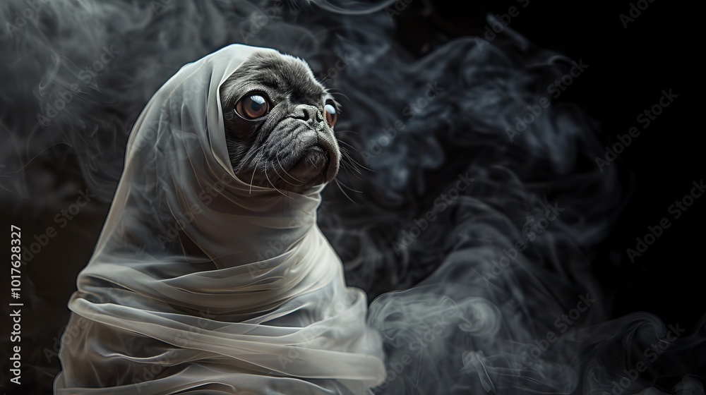 Pug wrapped in white fabric, resembling a spooky ghost, with misty ...