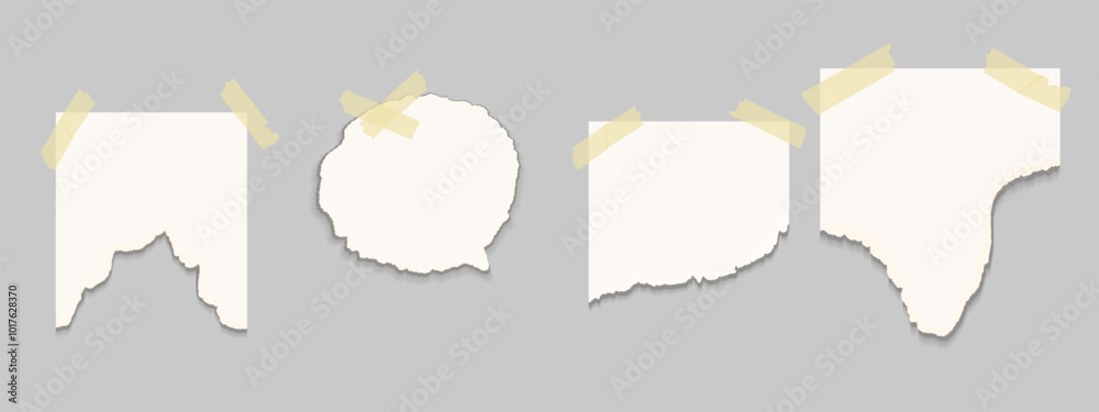 Torn paper pieces and scraps with jagged uneven edges. Different shapes ...