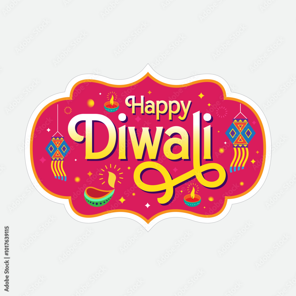 Happy Diwali Festival Sticker or Label Design with Decorative Ornaments ...