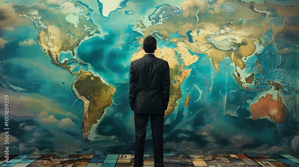 Man stands in front of a world map, contemplating the vast ...