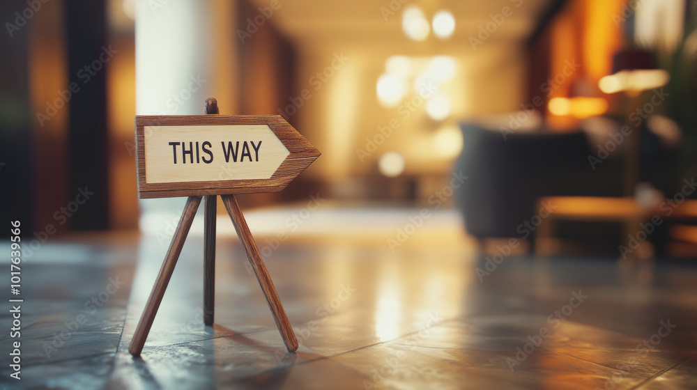 This Way concept image with a direction stand with a wooden arrow piece ...