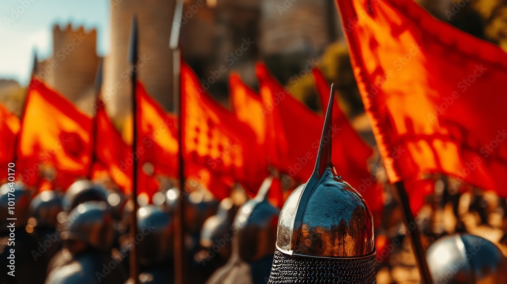 Knights in armor, arranged in a circle, banners rippling in the breeze ...