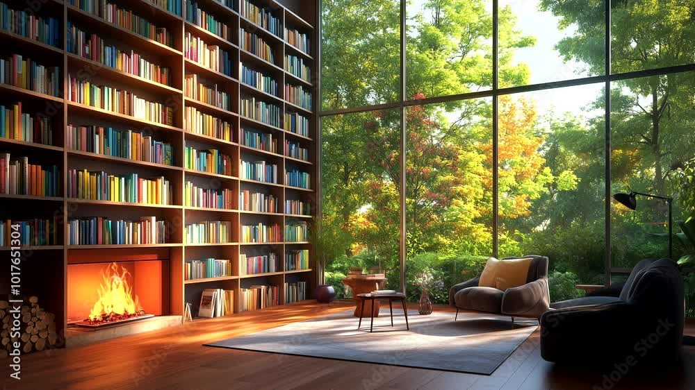 Bright modern library with large windows, cozy seating, and sunlight ...