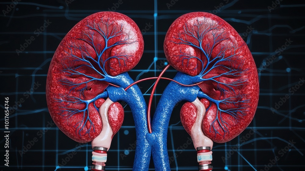 Illustration of kidneys and renal system, complete with veins, arteries ...