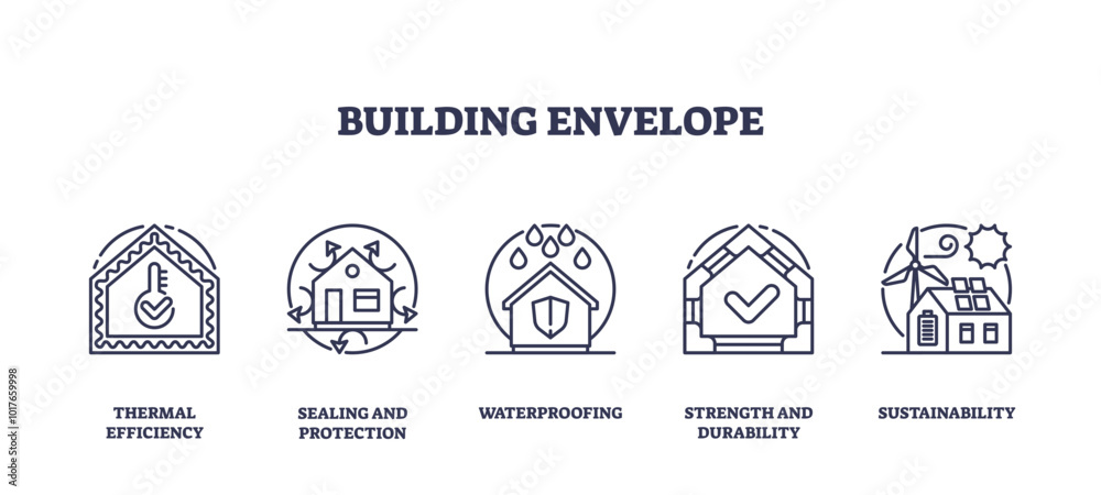 Building envelope icons depict thermal efficiency, sealing ...